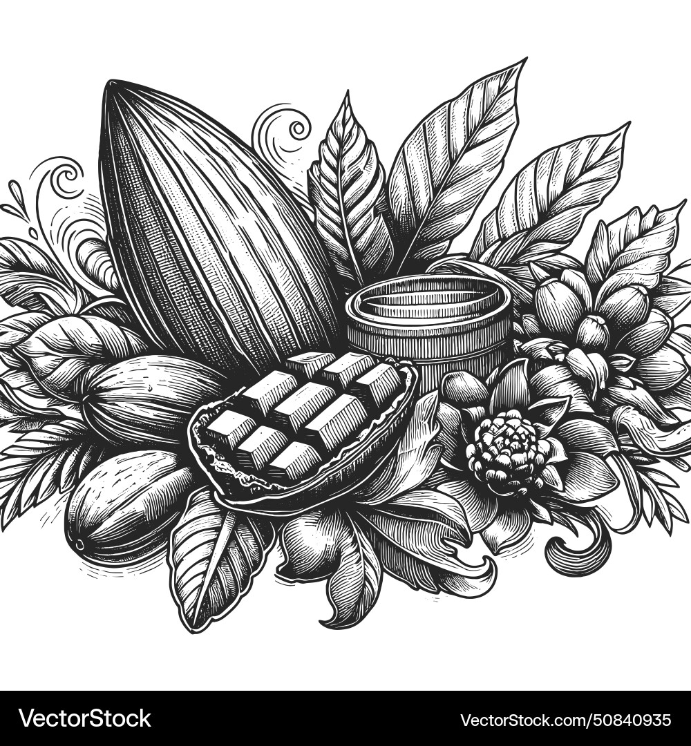 Cocoa pods and chocolate bar sketch Royalty Free Vector
