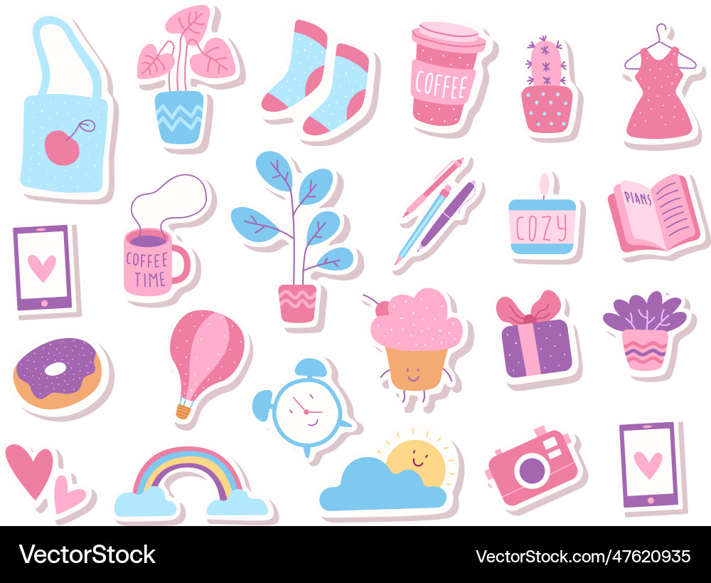 Diary sticker cute pink planner isolated elements Vector Image