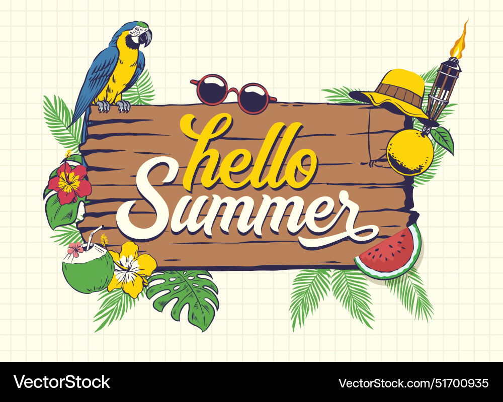 Hello summer frame design with parrot perched Vector Image