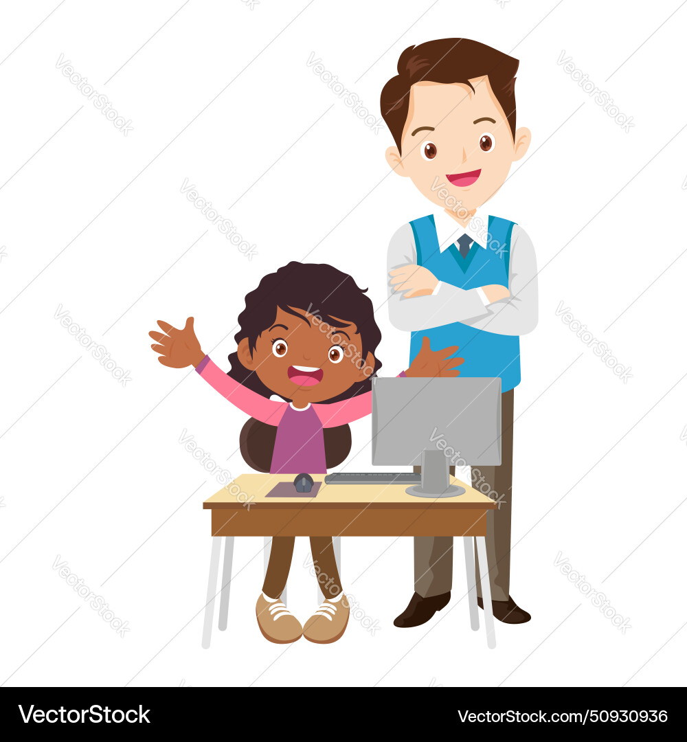 Happy teacher and student learning computer Vector Image