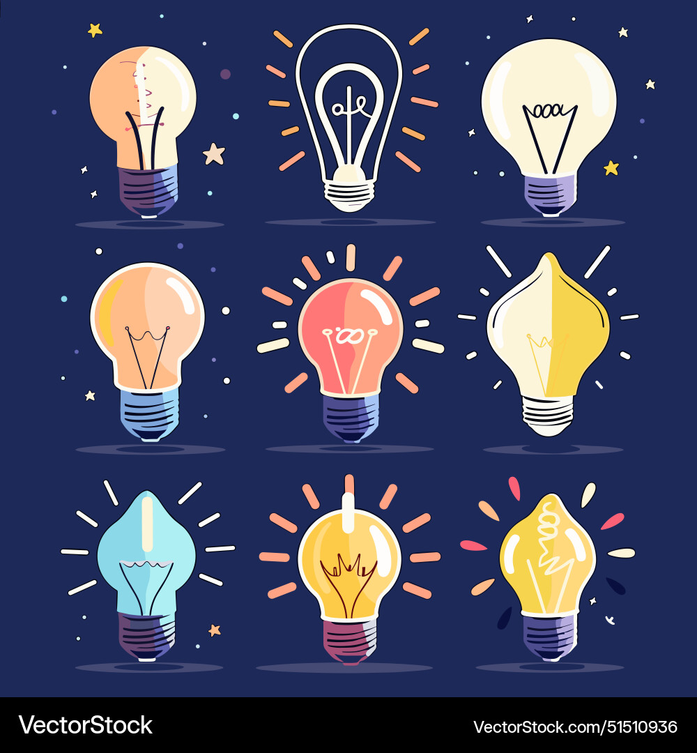 Nine cartoon light bulbs creative idea concept Vector Image