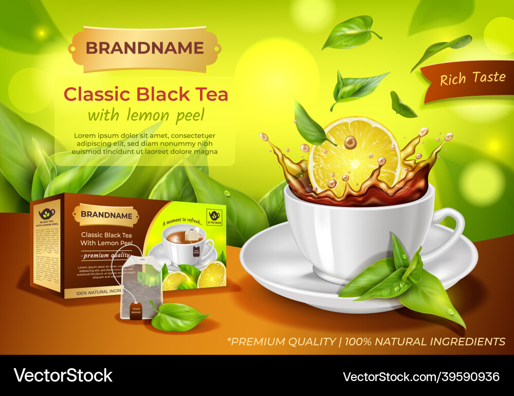 Realistic detailed 3d classic black tea with lemon