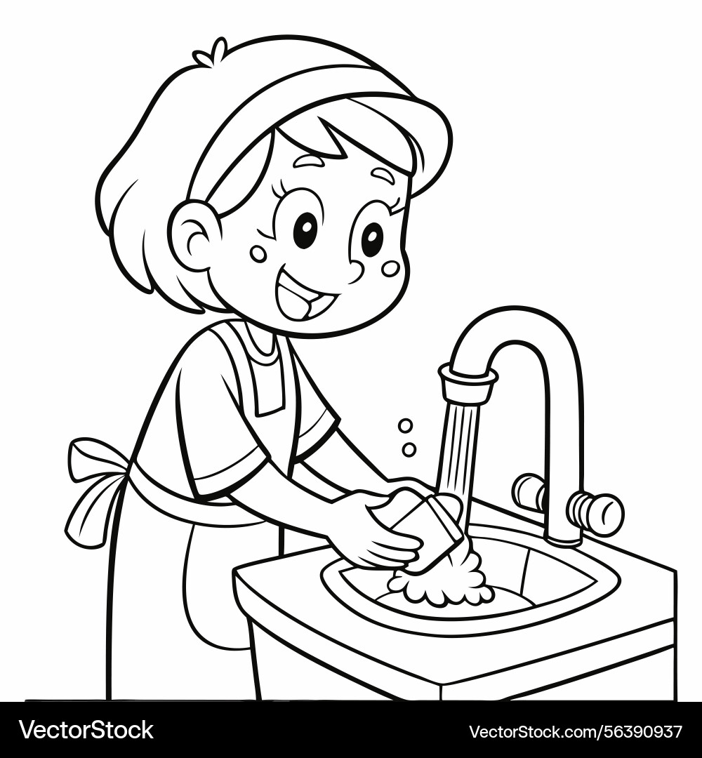 Boy brushing teeth sink water outline graphic Vector Image