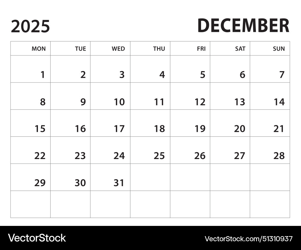 Calendar 2025 template - december 2025 Royalty Free Vector
