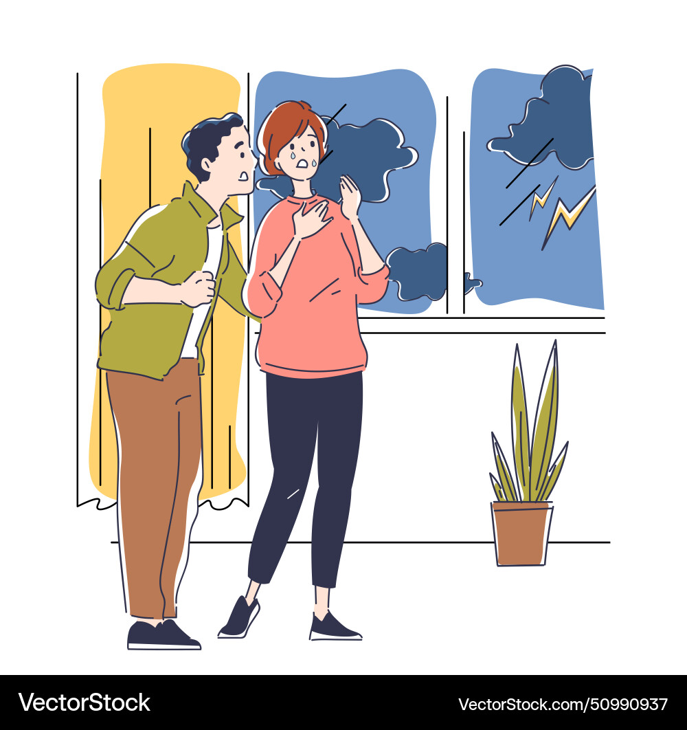 Two people looking at stormy weather through Vector Image