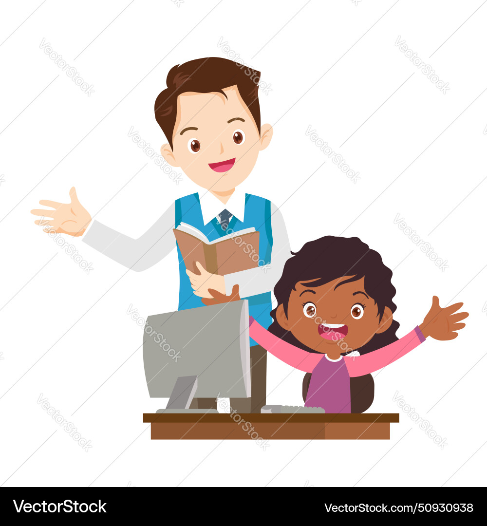 Happy teacher and student learning computer Vector Image