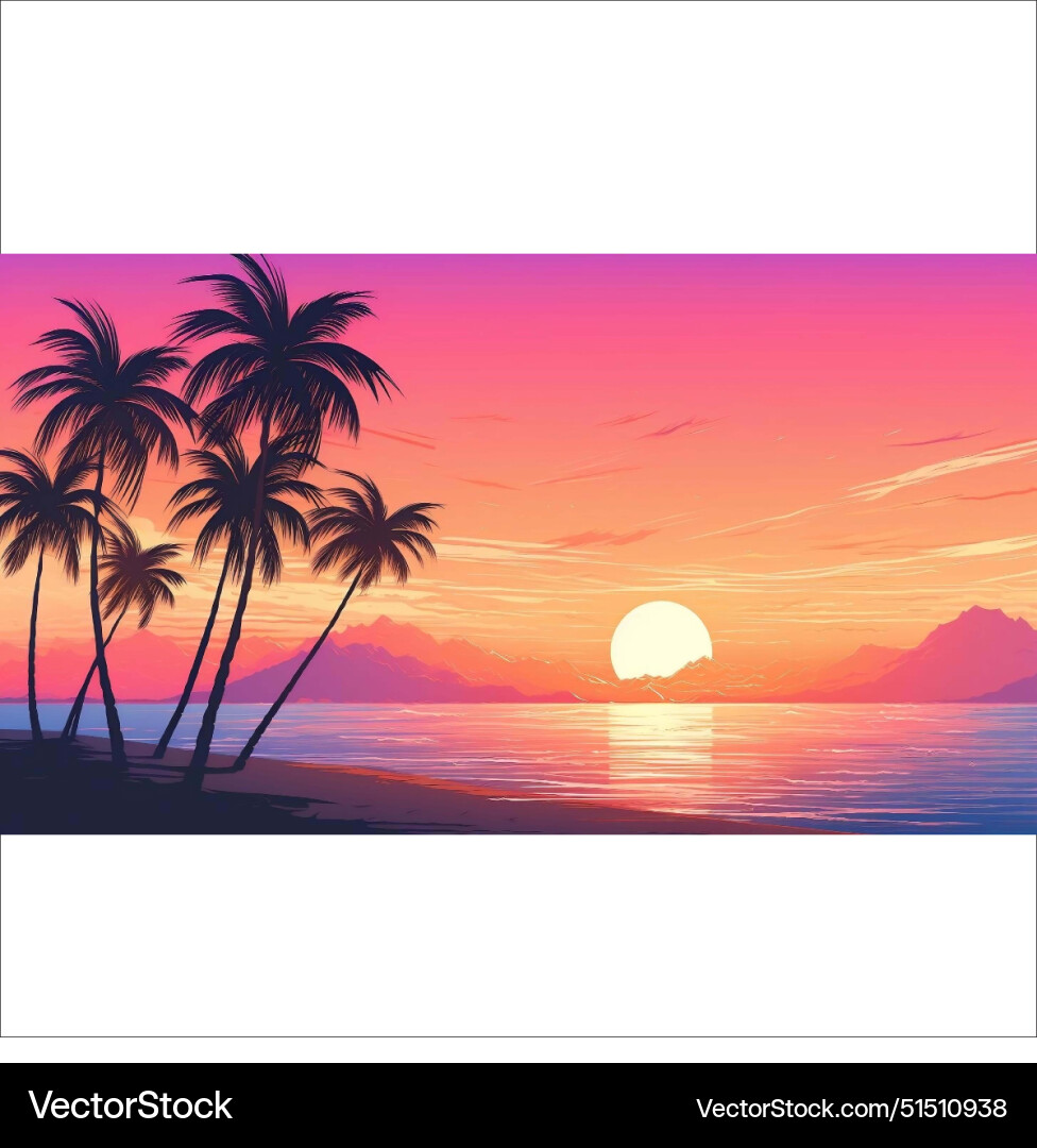Sunset in the beach and some tree Royalty Free Vector Image