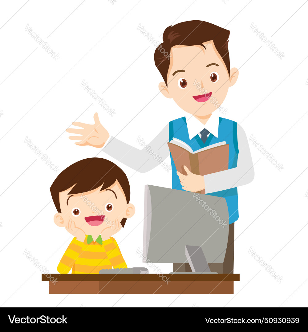 Happy teacher and student learning computer Vector Image