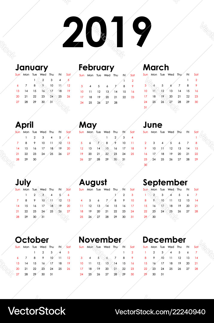Vertical calendar for 2019 year isolated white Vector Image