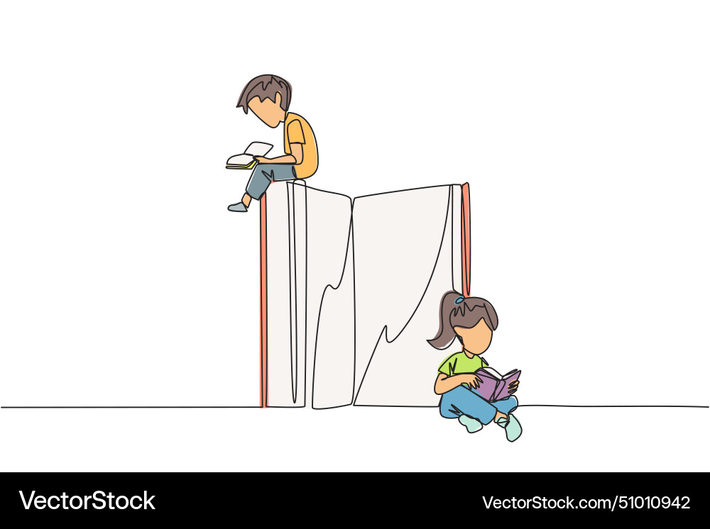 Continuous one line drawing children sit reading Vector Image