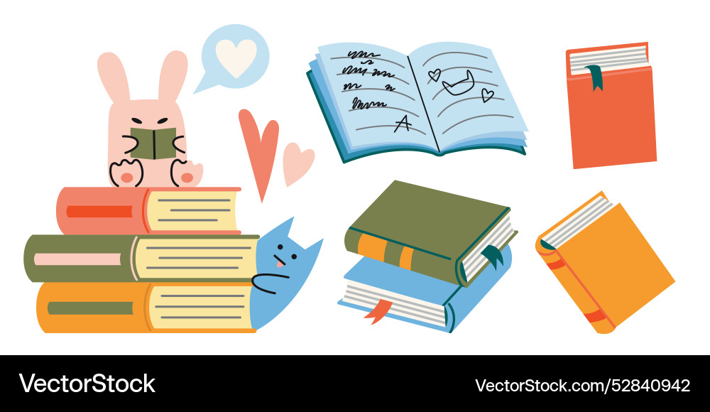Cute characters and a stack of books set Vector Image