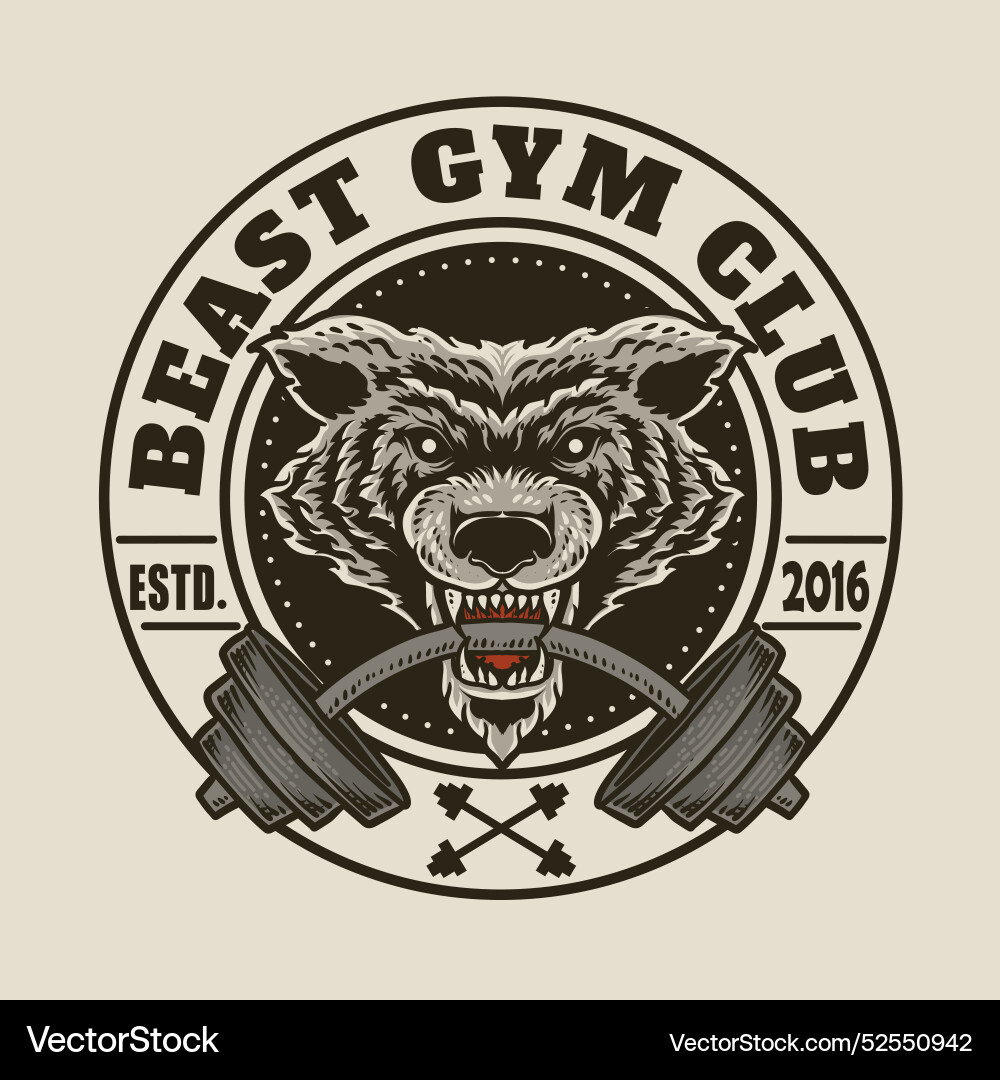 Fitness logo with wolf head biting barbell Vector Image