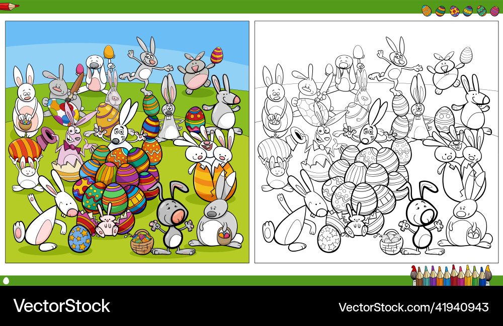 Easter bunnies with eggs coloring book page Vector Image