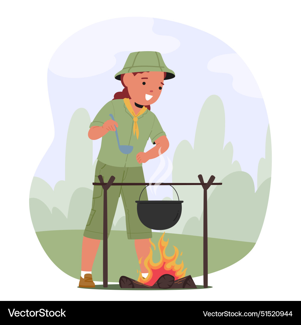 Smiling young scout cooking over a campfire Vector Image