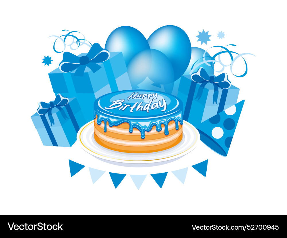 Birthday party with blue cake gift box balloons Vector Image