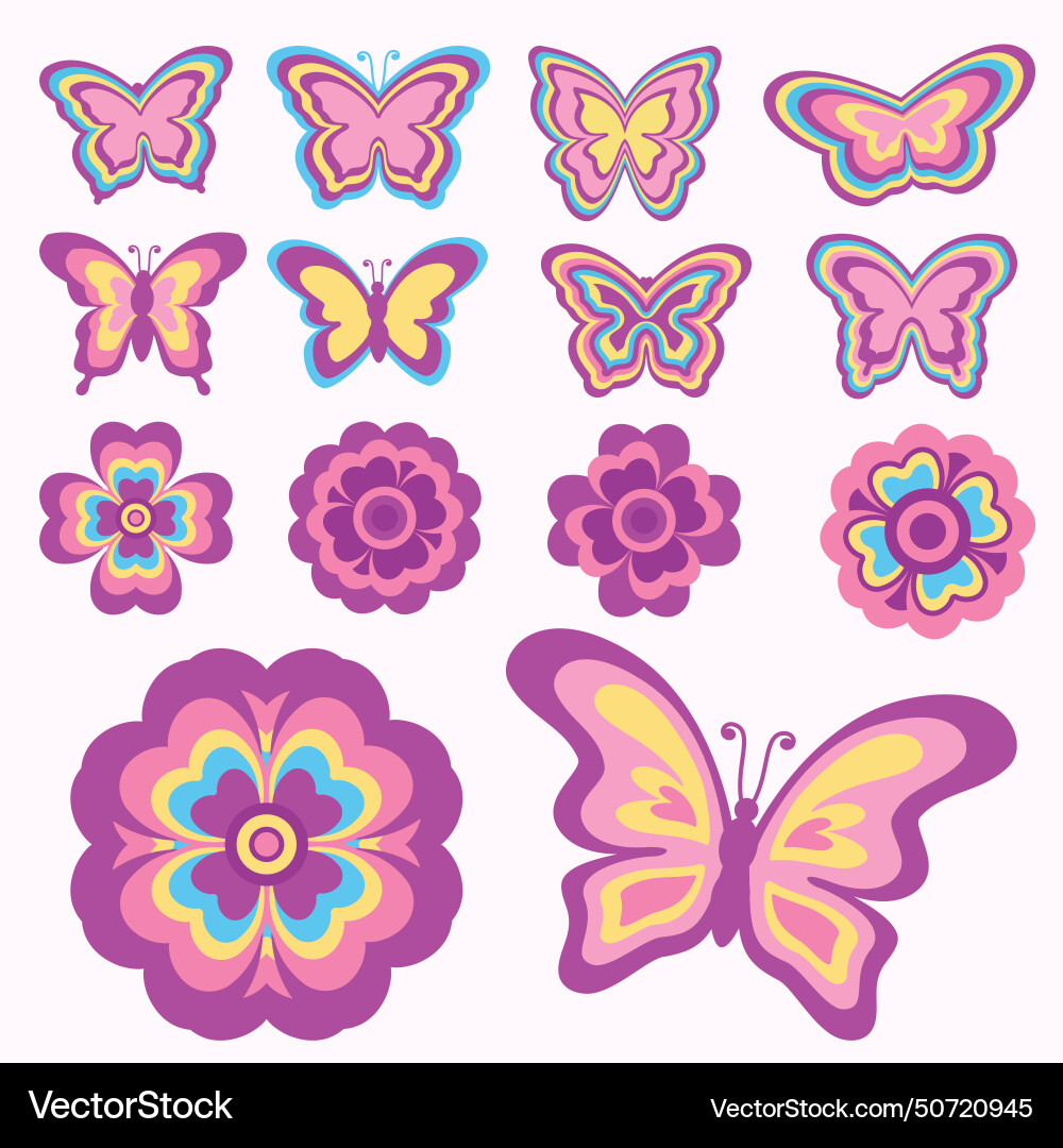 Purple y2k butterfly and flower Royalty Free Vector Image