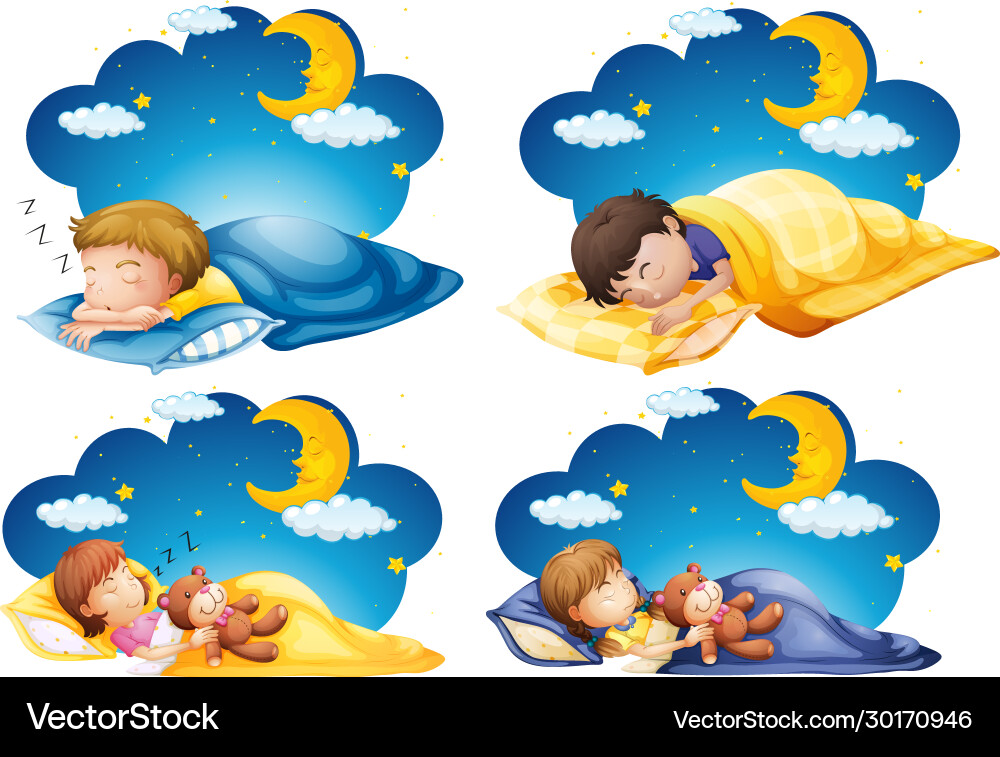 Four scenes kid sleeping in bed at night time Vector Image
