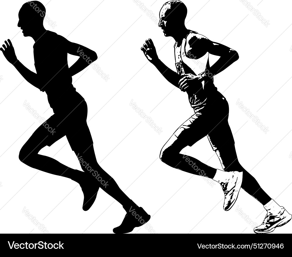 Marathon runner sketch and silhouette Royalty Free Vector