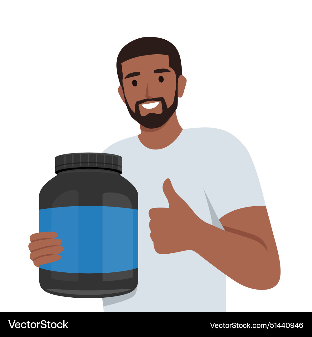 Smiling bodybuilder holding protein bottle Vector Image
