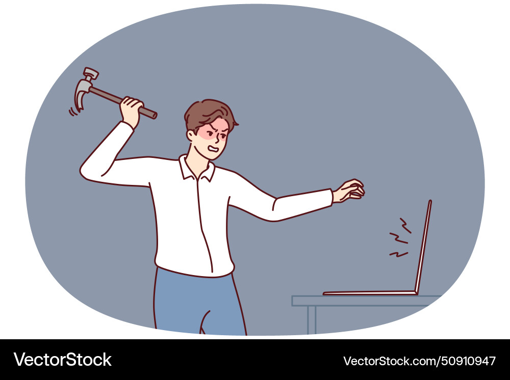 Aggressive man smashes laptop screen with hammer Vector Image