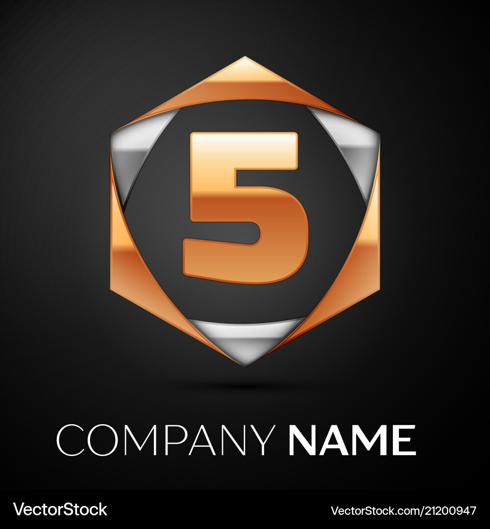 Gold Nummer fünf Logo in gold-silber hexagonal Vektorbild