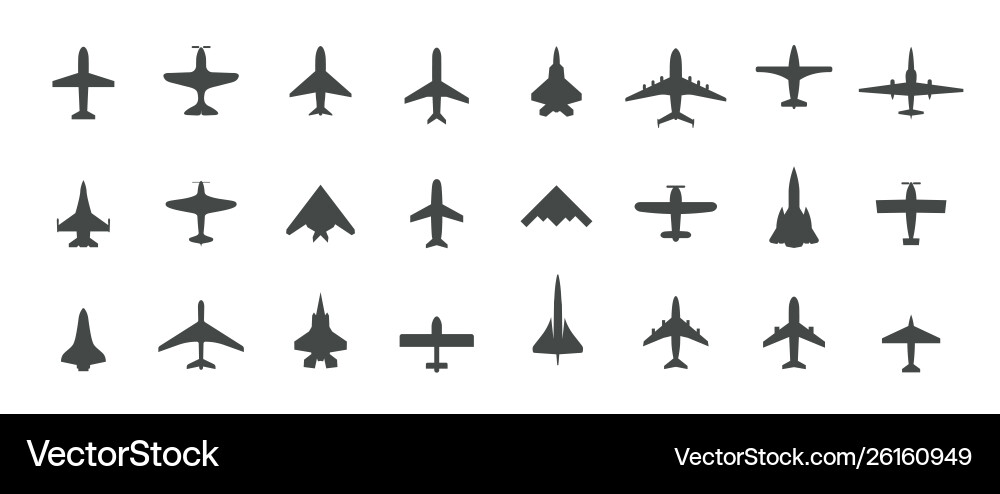 Aircraft top view icon set black Royalty Free Vector Image