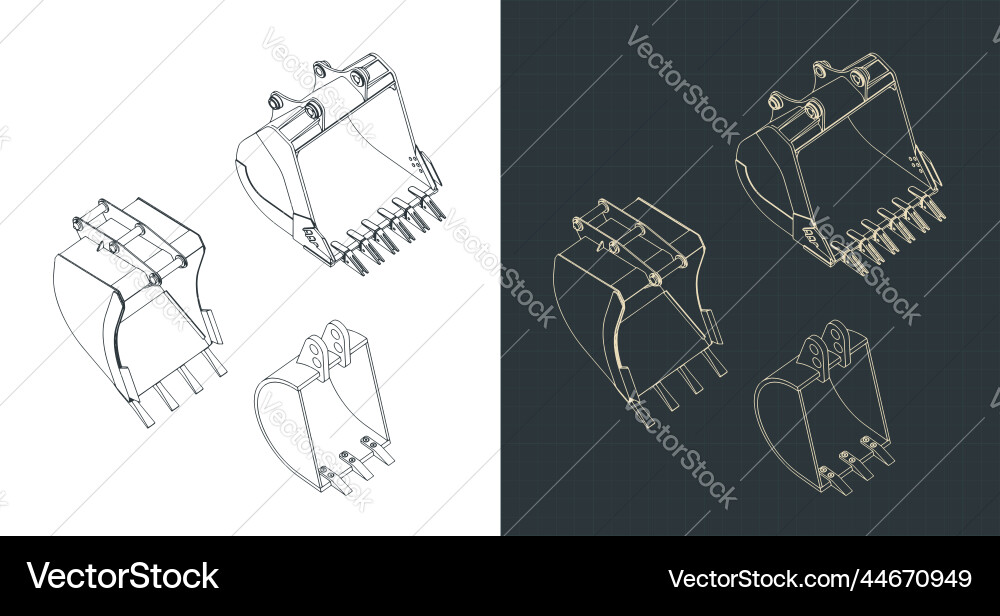 Excavator buckets isometric blueprints Royalty Free Vector