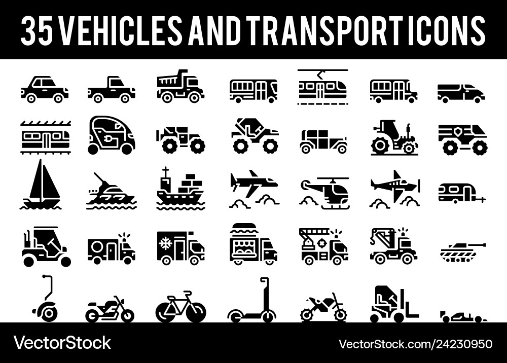 35 vehicle and transport solid icons Royalty Free Vector