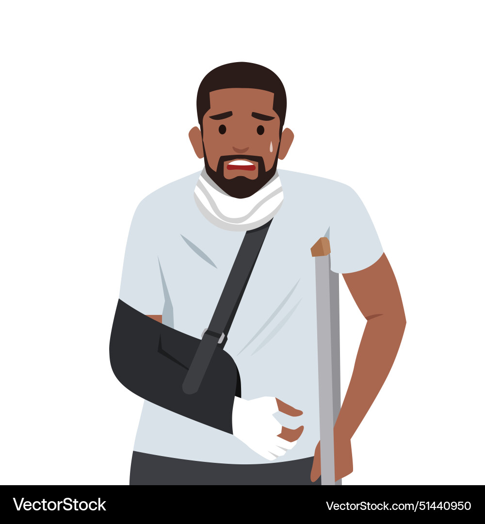 Sad man with a broken arm and leg in cast Vector Image
