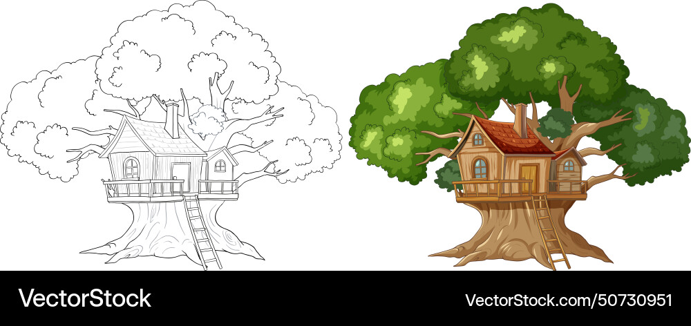 A treehouse colored and outlined Royalty Free Vector Image
