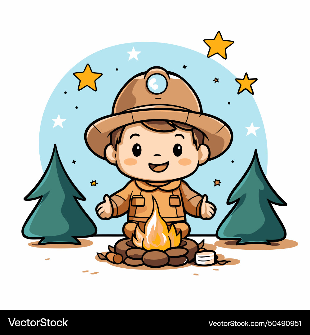 Cute boy scout with campfire and bonfire Vector Image