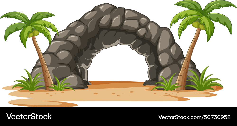 Cartoon stone arch with palm trees on sand Vector Image