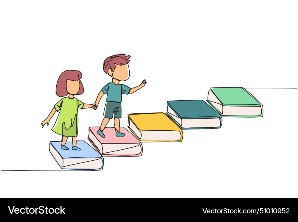Continuous one line drawing the kids climb stairs Vector Image