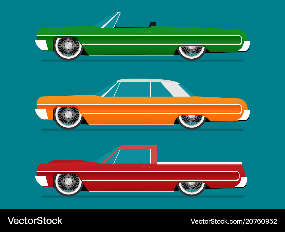 Flat lowrider car set Royalty Free Vector Image