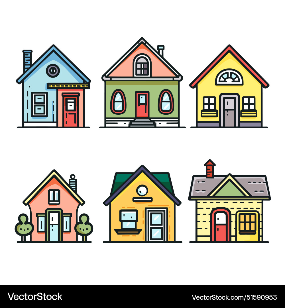 Six colorful cartoon houses displayed two rows Vector Image