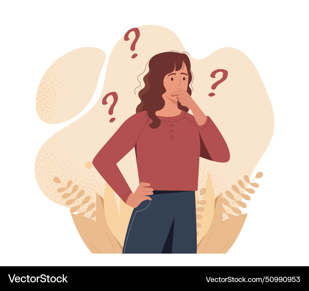 Thoughtful woman with question marks on a beige Vector Image