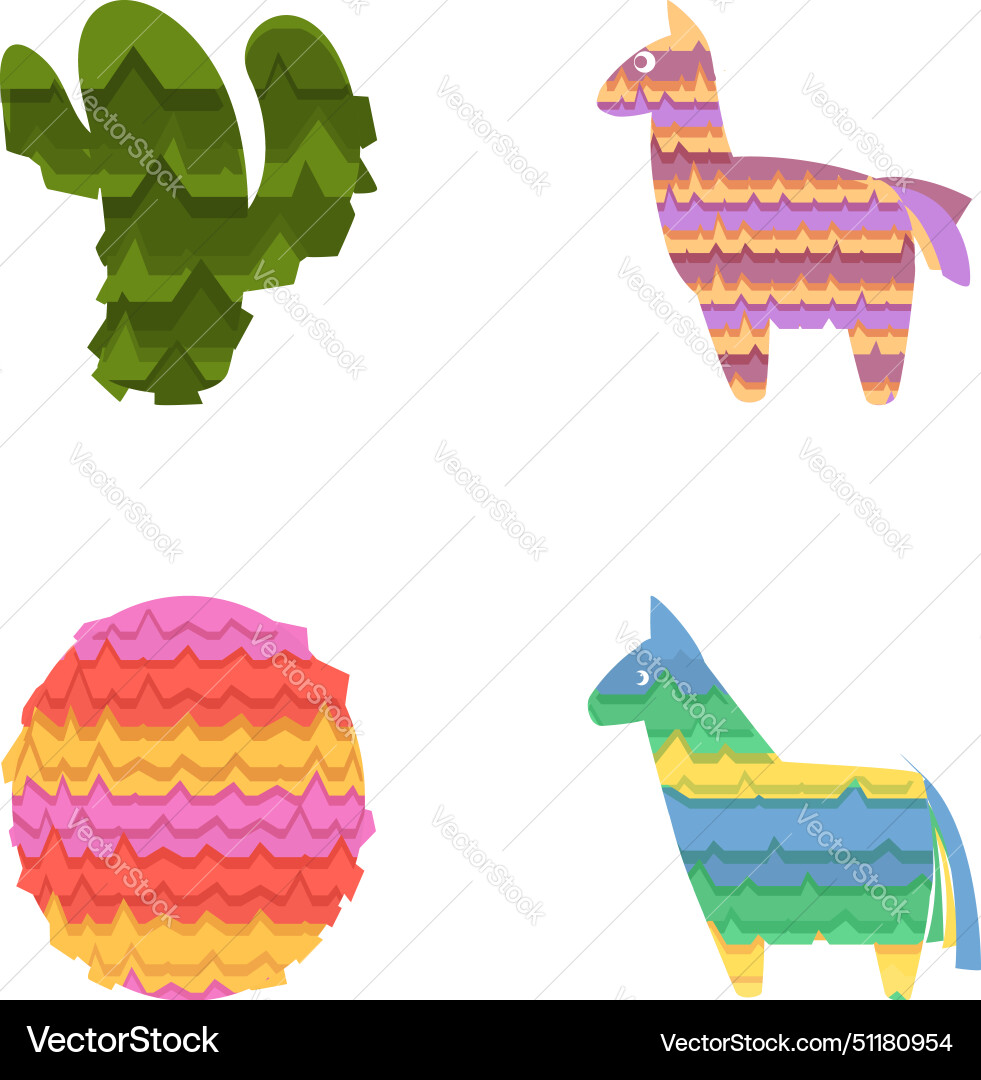 Bright pinata icons set cartoon mexican Royalty Free Vector