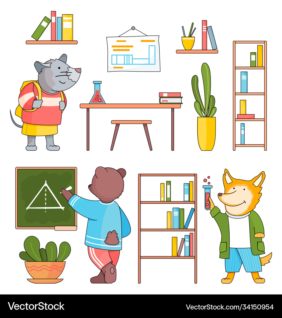 Cartoon characters mouse bear and fox studying Vector Image