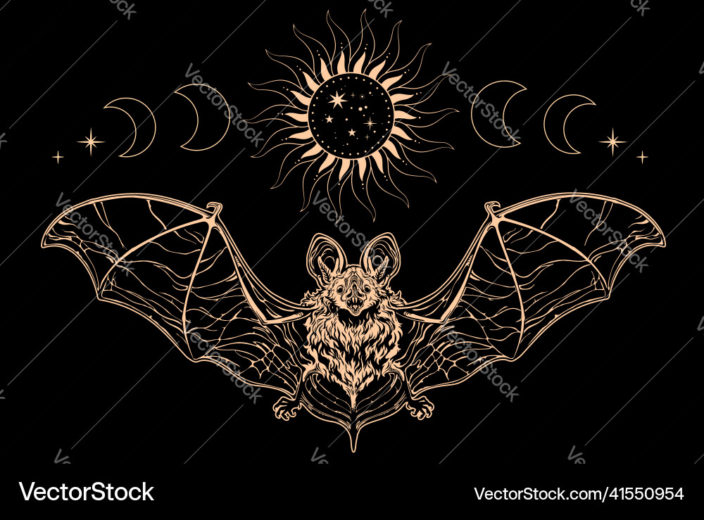 Golden beautiful esoteric bat with sun Royalty Free Vector