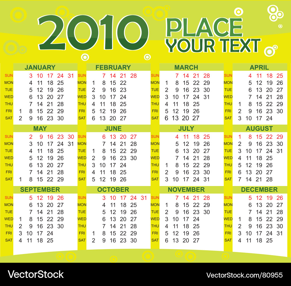 Colorful calendar for year 2010 Royalty Free Vector Image