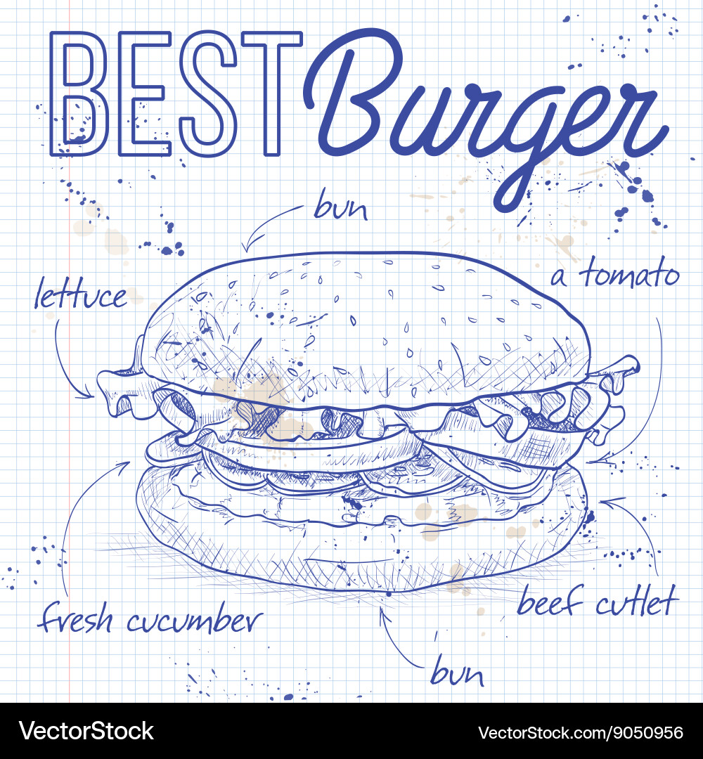 Burger recipe on a notebook page Royalty Free Vector Image