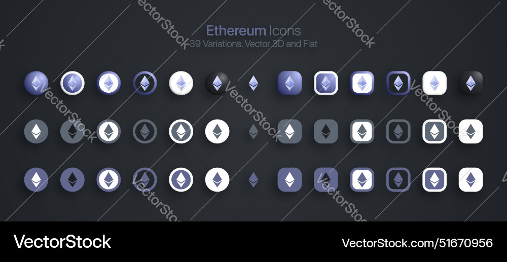 Ethereum eth crypto currency 3d and flat icons Vector Image