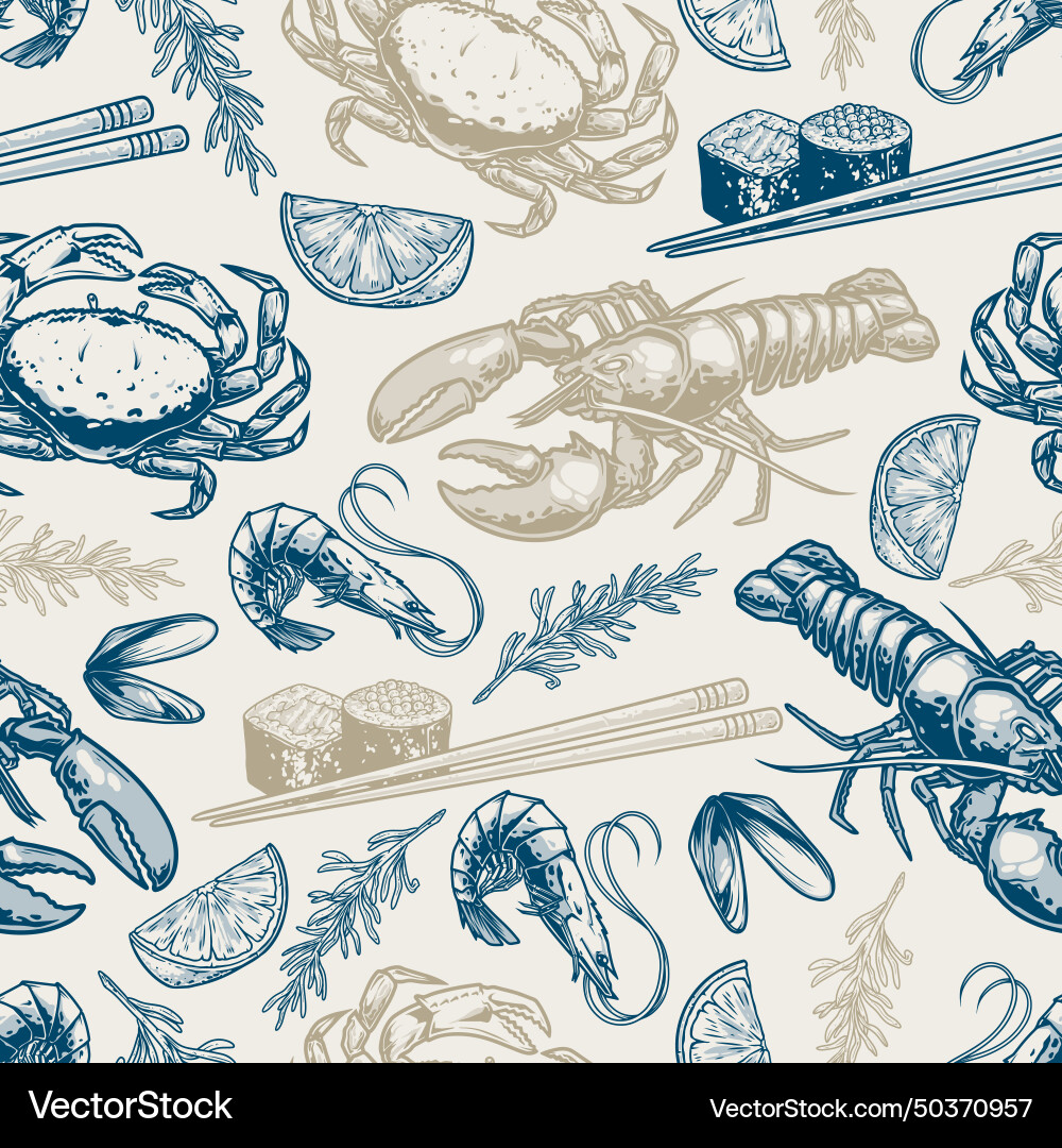 Asian seafood seamless pattern colorful Royalty Free Vector
