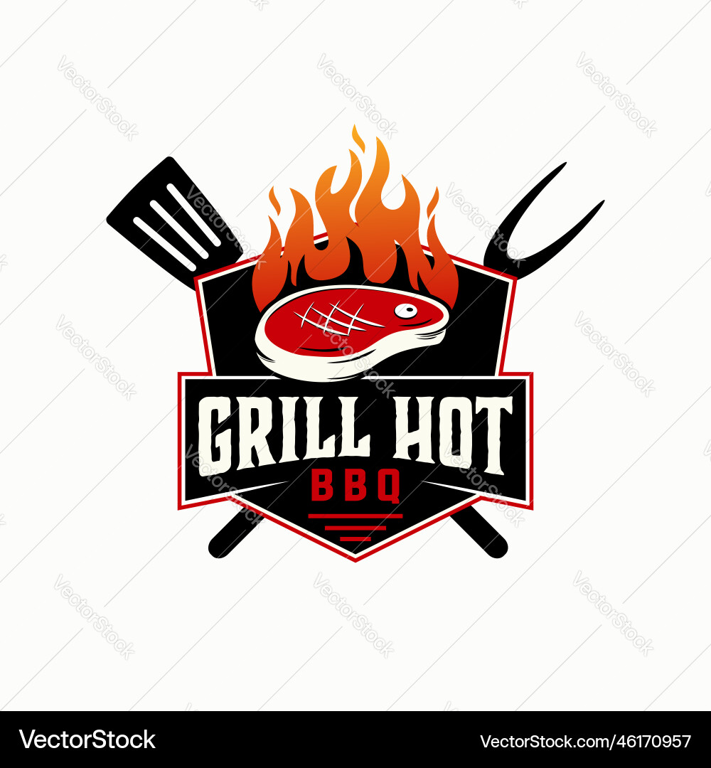 Barbecue fire grill steak badge logo Royalty Free Vector