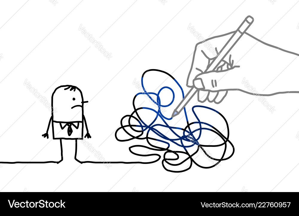 Big drawing hand with cartoon man - tangled path Vector Image