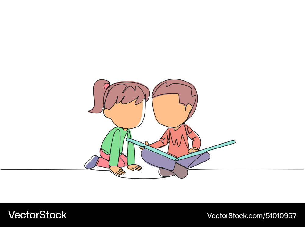 Continuous one line drawing kids sit down and put Vector Image