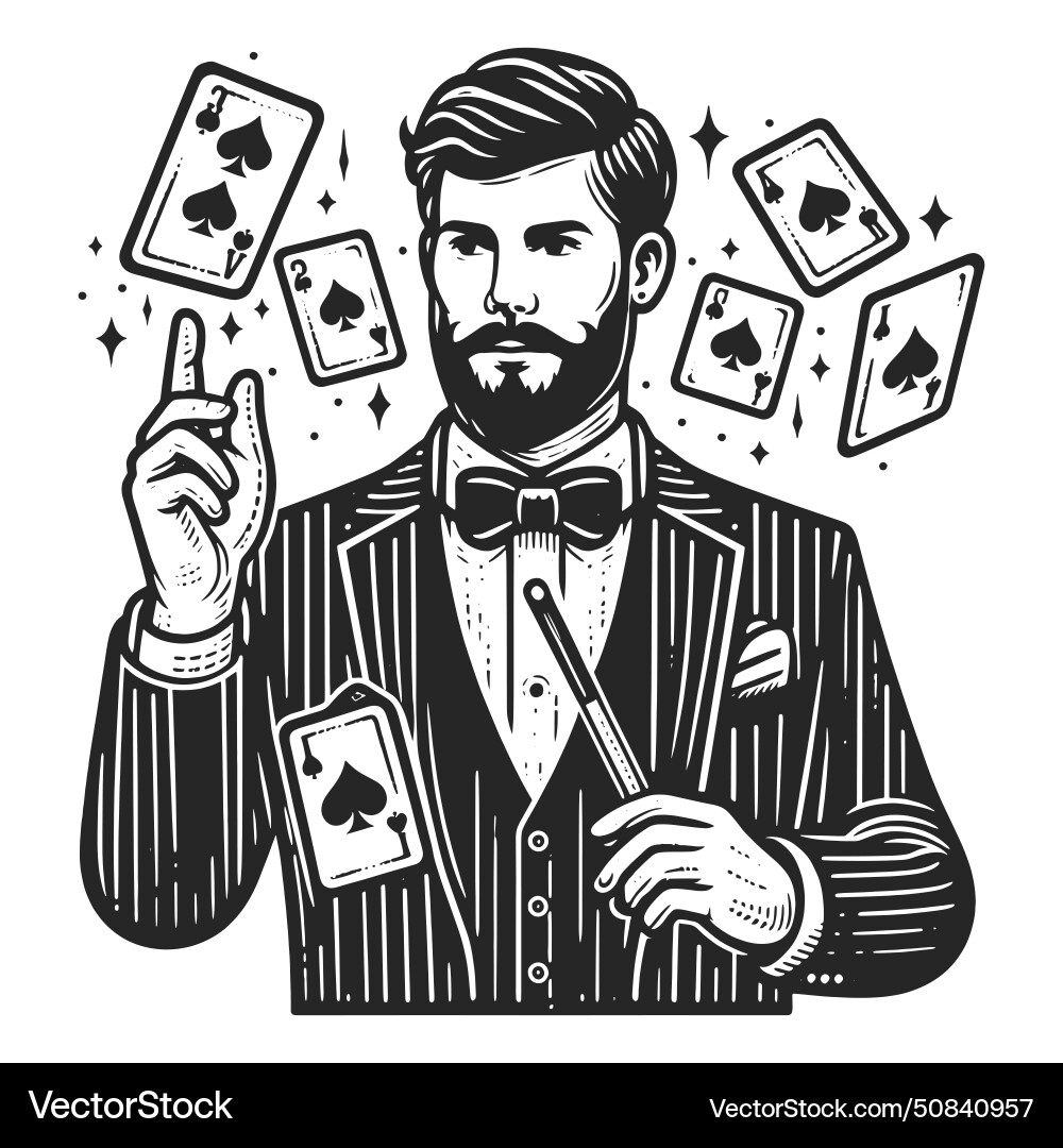 Vintage magician performing card tricks Royalty Free Vector