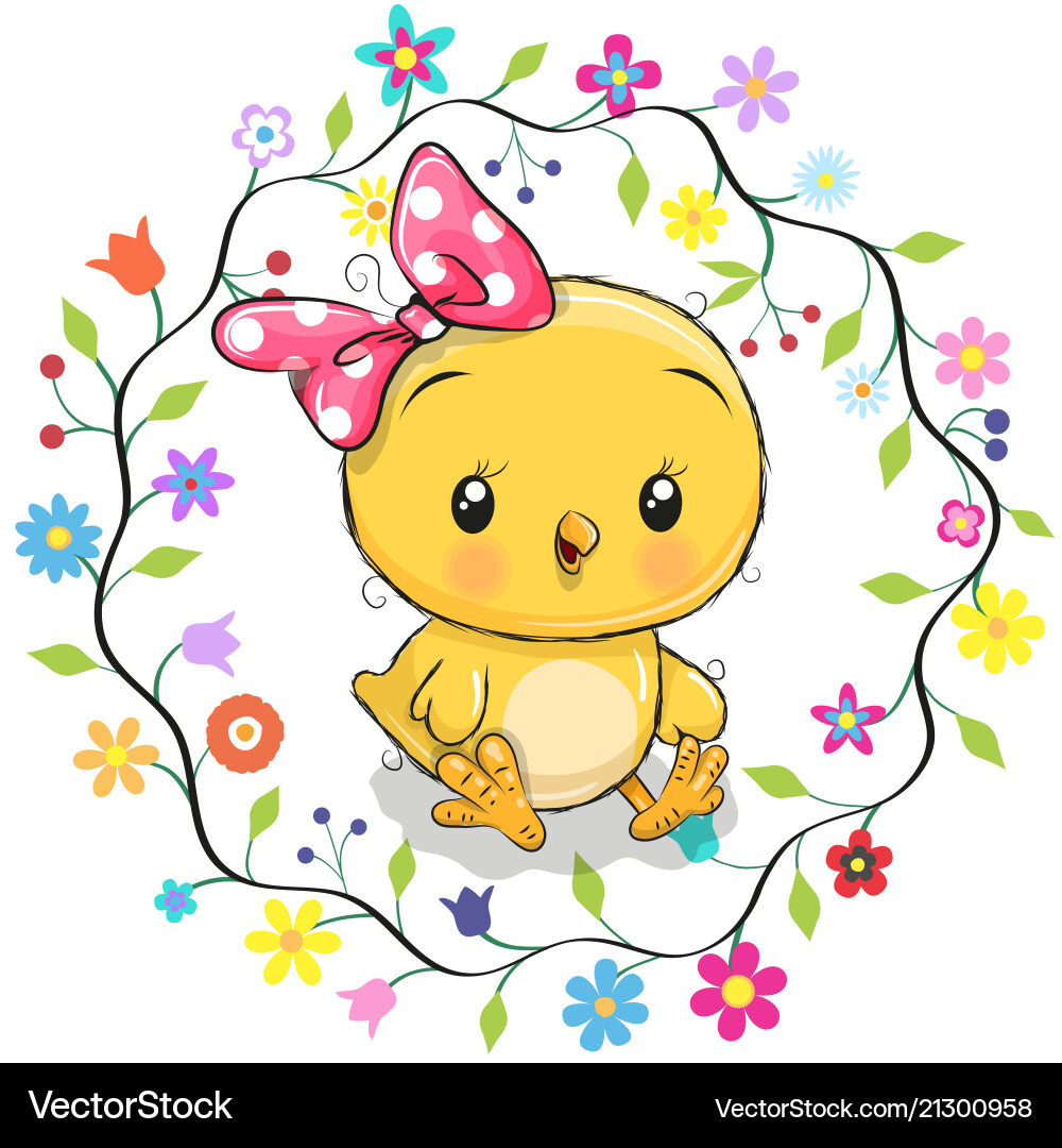 Cute chicken in a flowers frame Royalty Free Vector Image