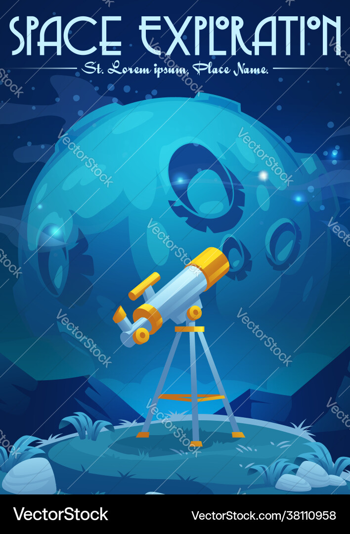 Space Exploration Cartoon Poster mit Teleskop Vektorbild