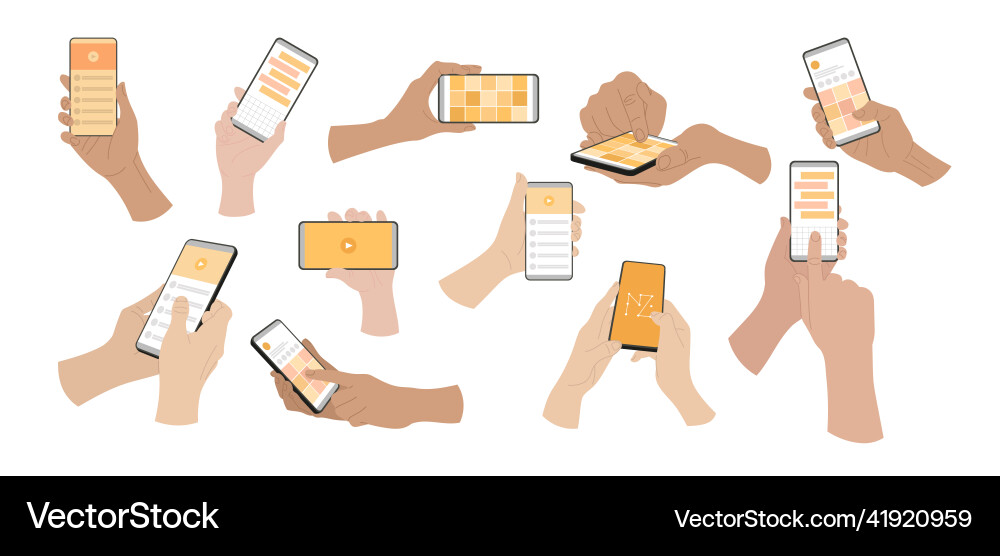 Hands of people using mobile apps in smartphones Vector Image